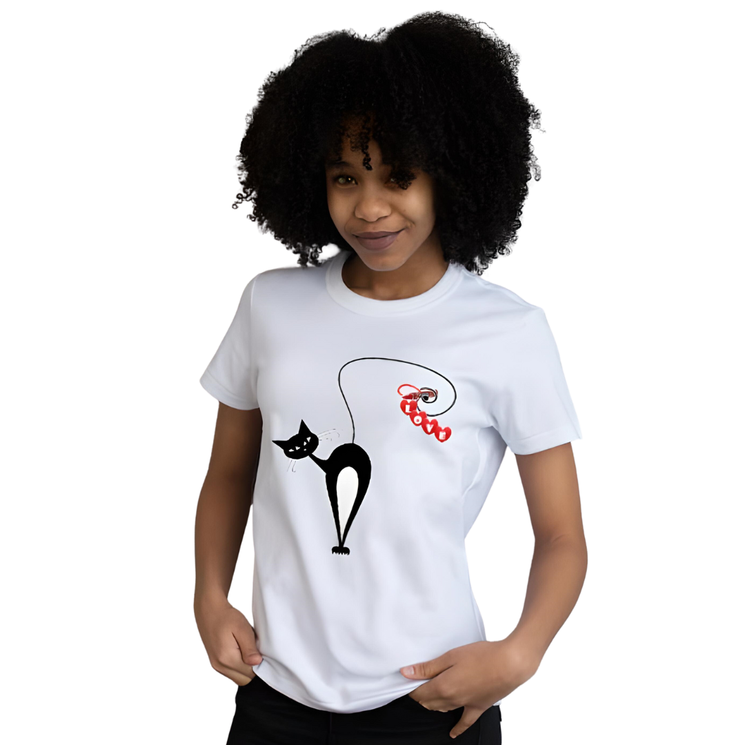 Camiseta dama estampada diseño Gato corazòn – Sofia Camisetas y Estampados